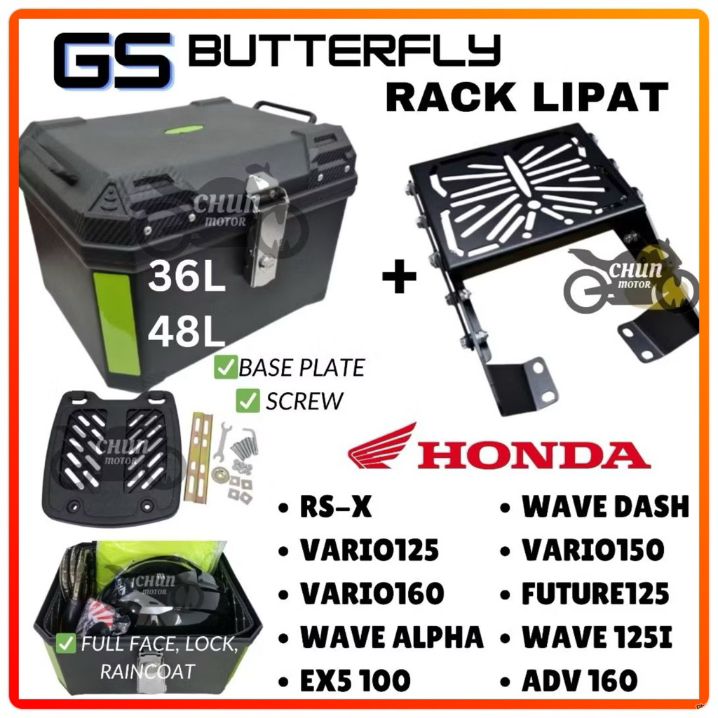HONDA GS BLACK BOX 36L/48L + BUTTERFLY RACK LIPAT 1SET MOTORCYCLE Honda ...