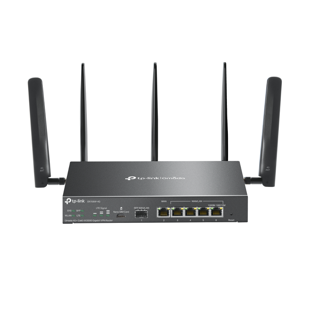 TP-Link Omada ER706W-4G 4G+ Cat6 AX3000 Gigabit VPN Router with WiFi 6 ...