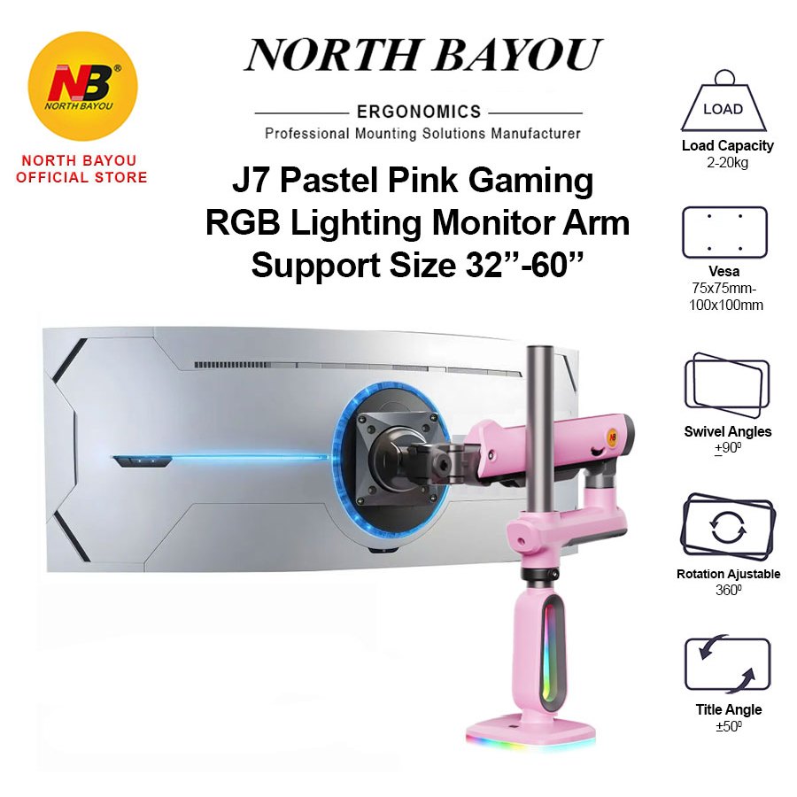 J7 Pastel Pink Gaming Monitor Arm with RGB Lighting – Fits 32" to 60 ...