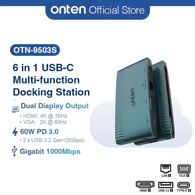 ONTEN 9503S 6-IN-1 Dual Display HDMI 4K30hz VGA 2K60hz Multi-function ...