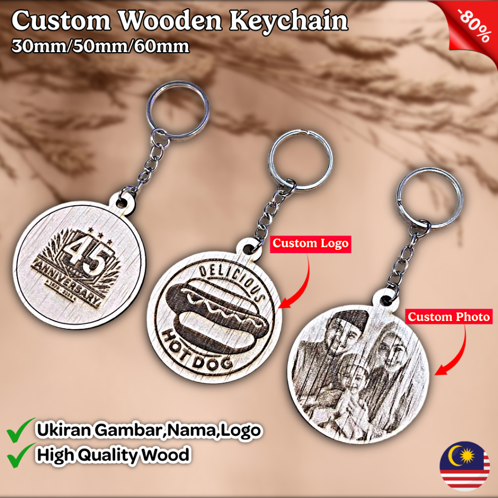 Custom Keychain Kayu Ukiran (Min 3pcs) | Engrave Nama / Logo / Gambar ...