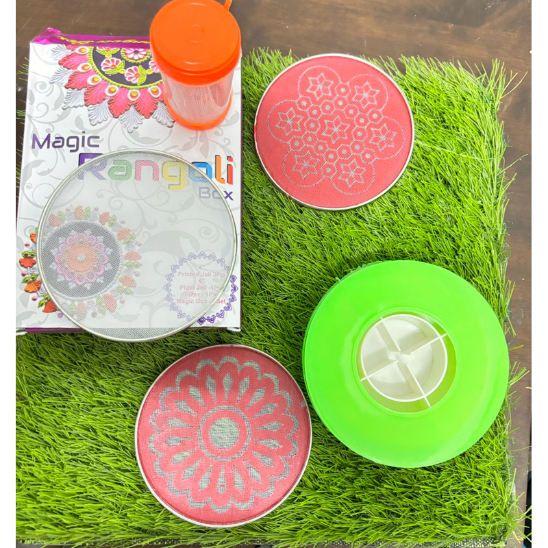 MAGIC RANGOLI BOX (10cm) 1 filler 2 stencil 1 plain stencil 1 magic box ...