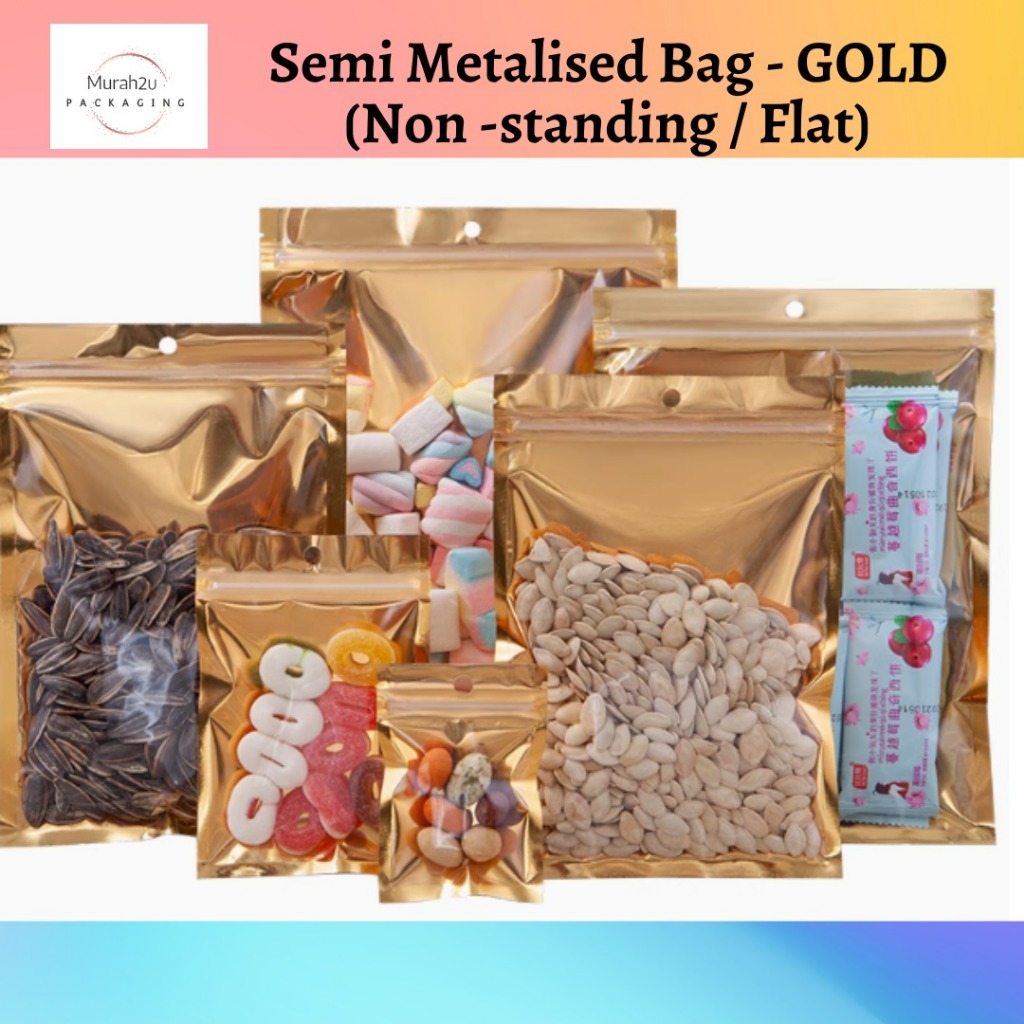 50pcs Semi Gold Metalised Flat Zip Bag / Gold Colour Zipper pouch ...