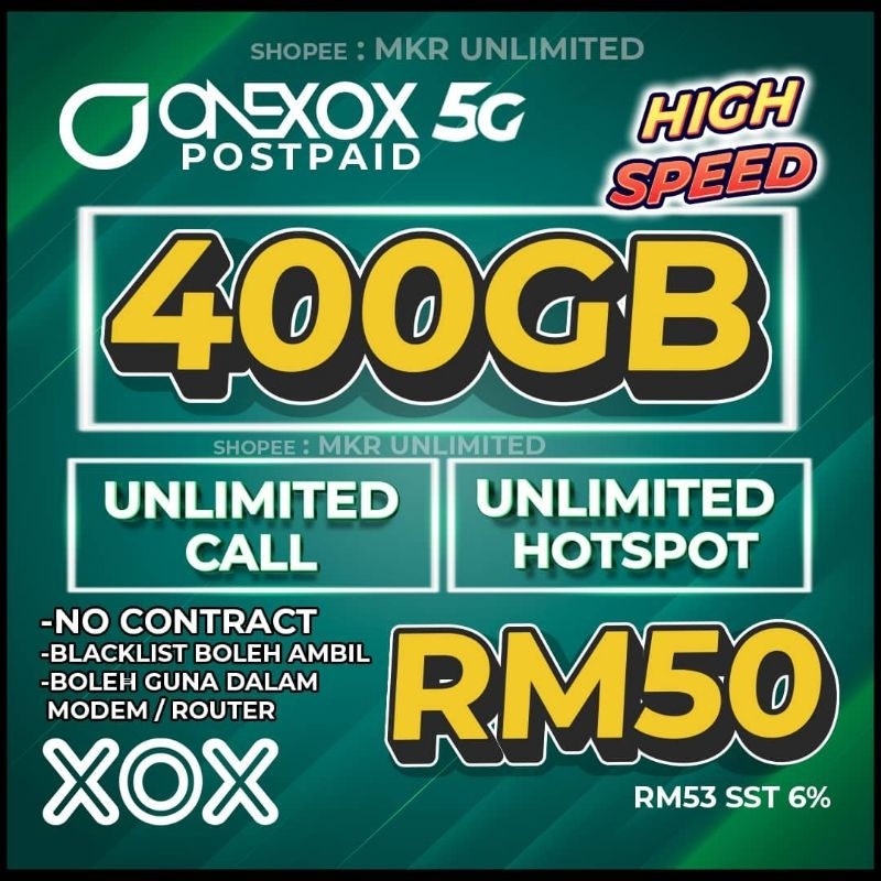🔥 PROMO!!!🔥🔥XOX 400GB HIGHSPEED DATA 4G/5G SIMKAD ONEXOX POSTPAID(NO ...