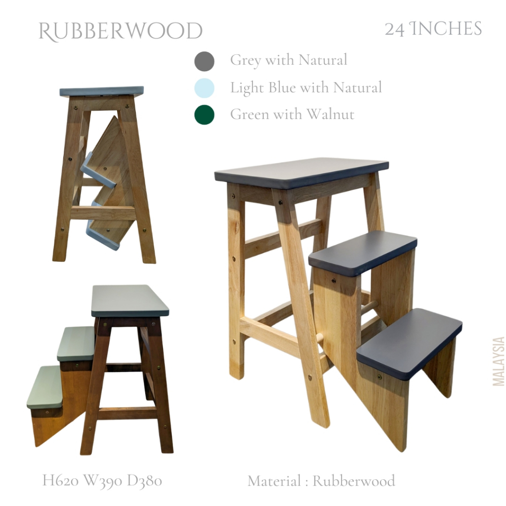 🇲🇾 24 inch Rubberwood 3 Step Foldable Ladder Stool, Kerusi Tangga Kayu ...
