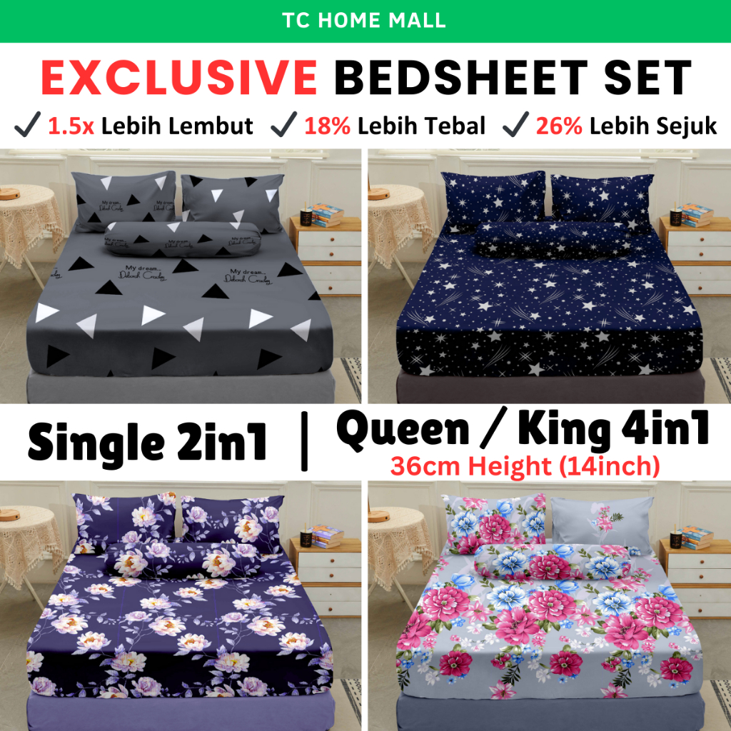 Cadar Single 2 in 1 Cadar Queen Getah Keliling 4 in 1 Sarung Tilam ...