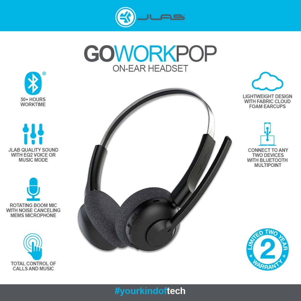 JLAB Go Work Pop On-Ear Headset | 50H+ LONG PLAYTIME | ROTATING BOOM ...
