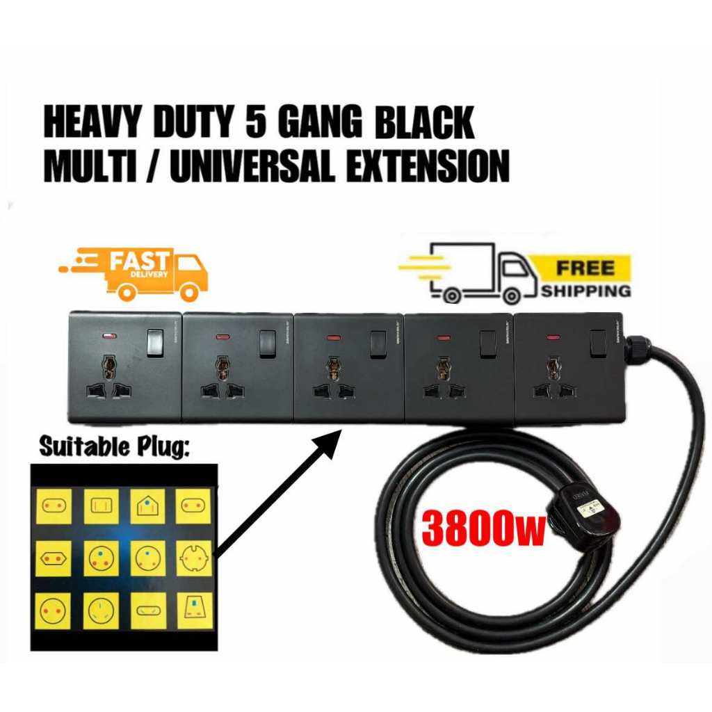 Heavy Duty Full Black Universal 5 Ways Gang Universal Multi Trailing Socket Extension Wire