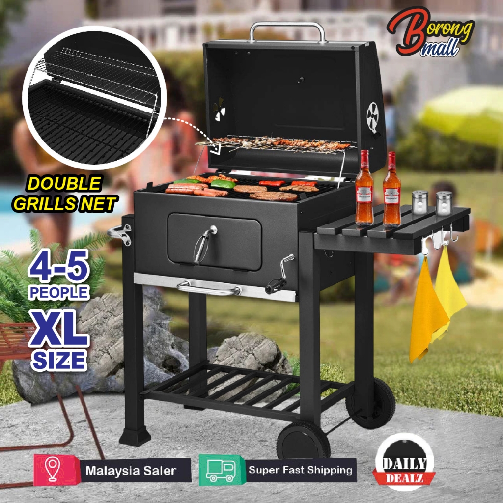 Trolley Charcoal BBQ Grill Smoker Wood Shelf & Temperature Barbecue ...