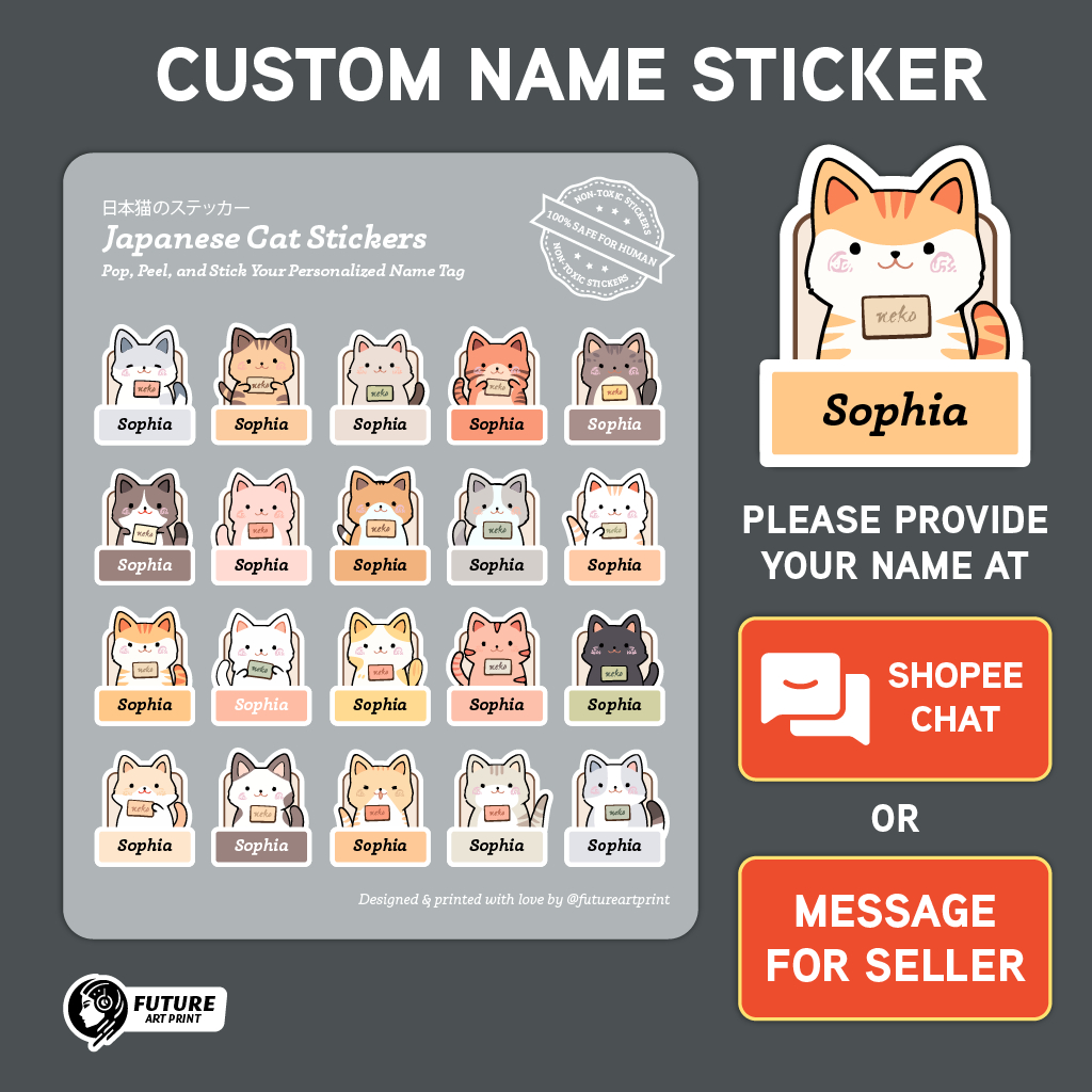 Custom Personalized Name Tag Cute Sticker. Japanese Cat Stickers Design ...