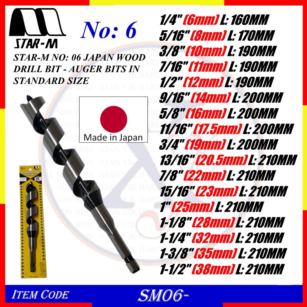 SM06- ( 1/4" to 1-1/2" ) STAR-M NO: 06 JAPAN WOOD DRILL BIT - AUGER ...