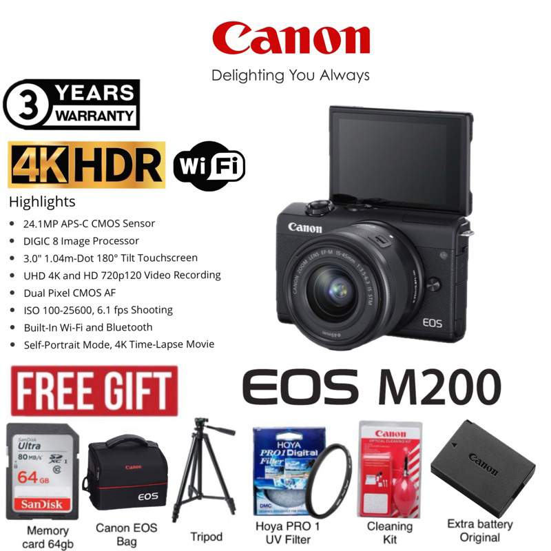 CANON EOS M200 15-45MM IS STM ORIGINAL DUAL PIXEL CMOS SENSOR 4K FLIP SCREEN WIFI 4K TIME LAPSE ...
