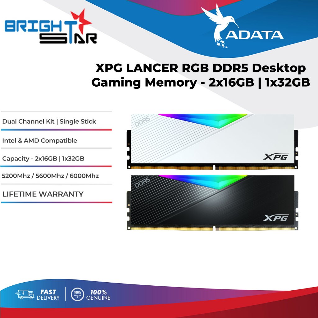 XPG Lancer RGB DDR5 Gaming Memory 16GBx2 / 32GBx1 - 5200Mhz/5600Mhz ...