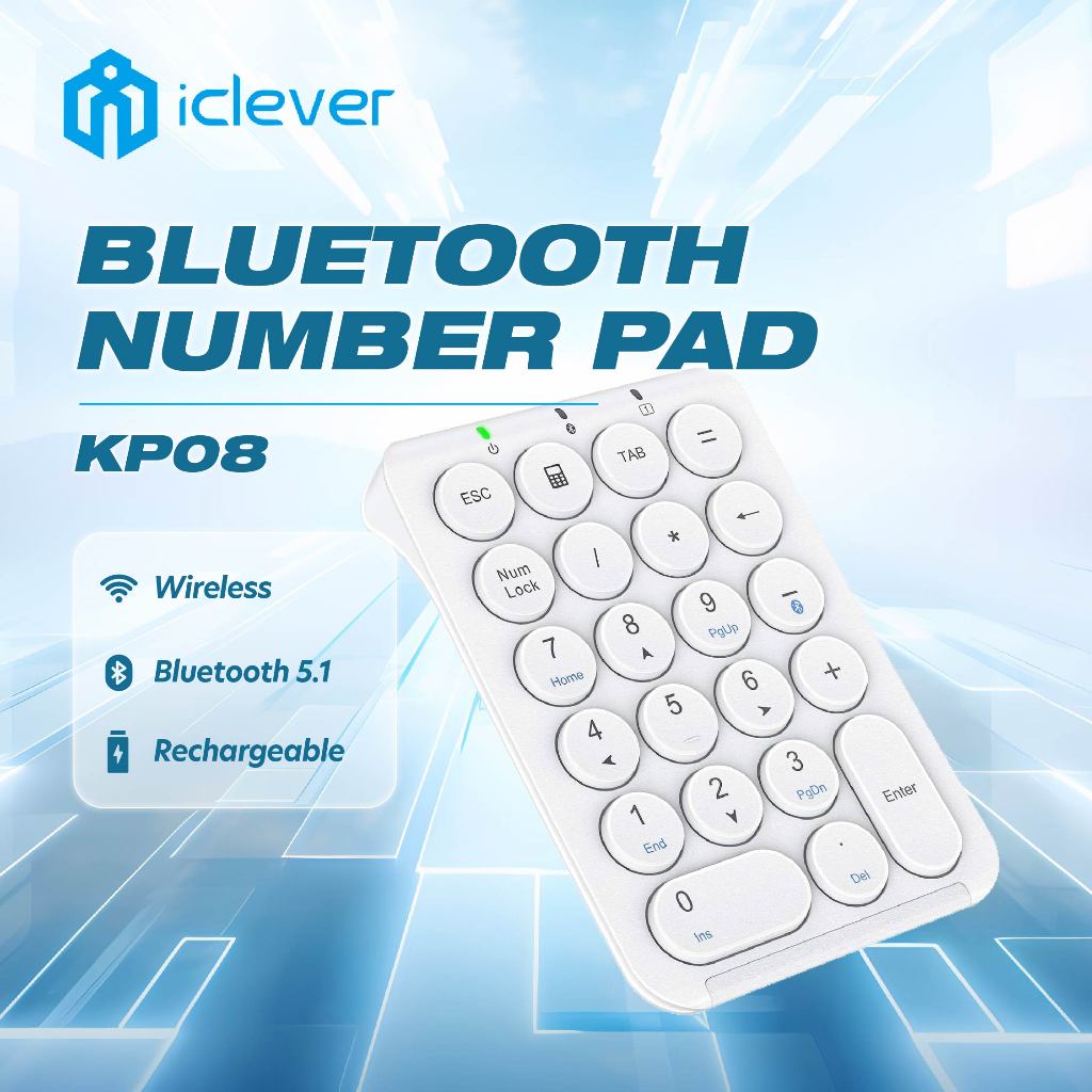 iClever IC-KP08 Number Keyboard Pad, Bluetooth Portable Wireless Rechargeable Numeric Keypad ...