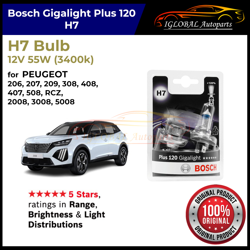 Bosch H7 Plus 120 Gigalight Headlight Bulb for Peugeot 206, 207, 209, 308, 408, 407, 508, 2008 ...