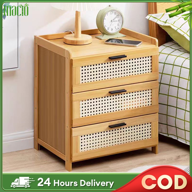 Bamboo Bedside Table Bedroom Side Table With Ratten Door Drawer Meja ...