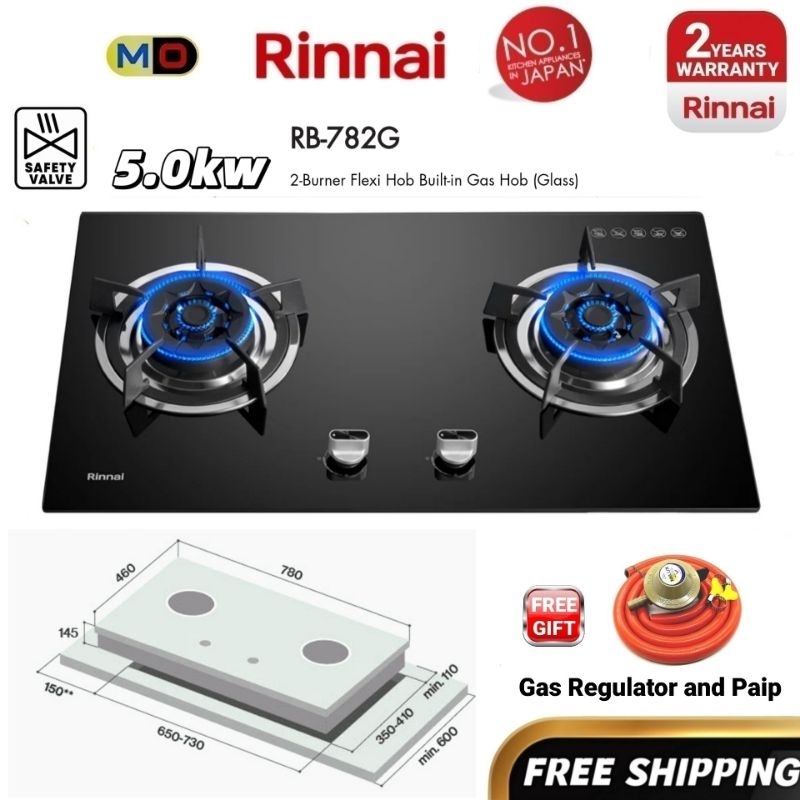 [Stock Ready, With GIFT] RINNAI 5.0kW 2 Burner Built-in Gas Tempered Glass Hob With Safety ...