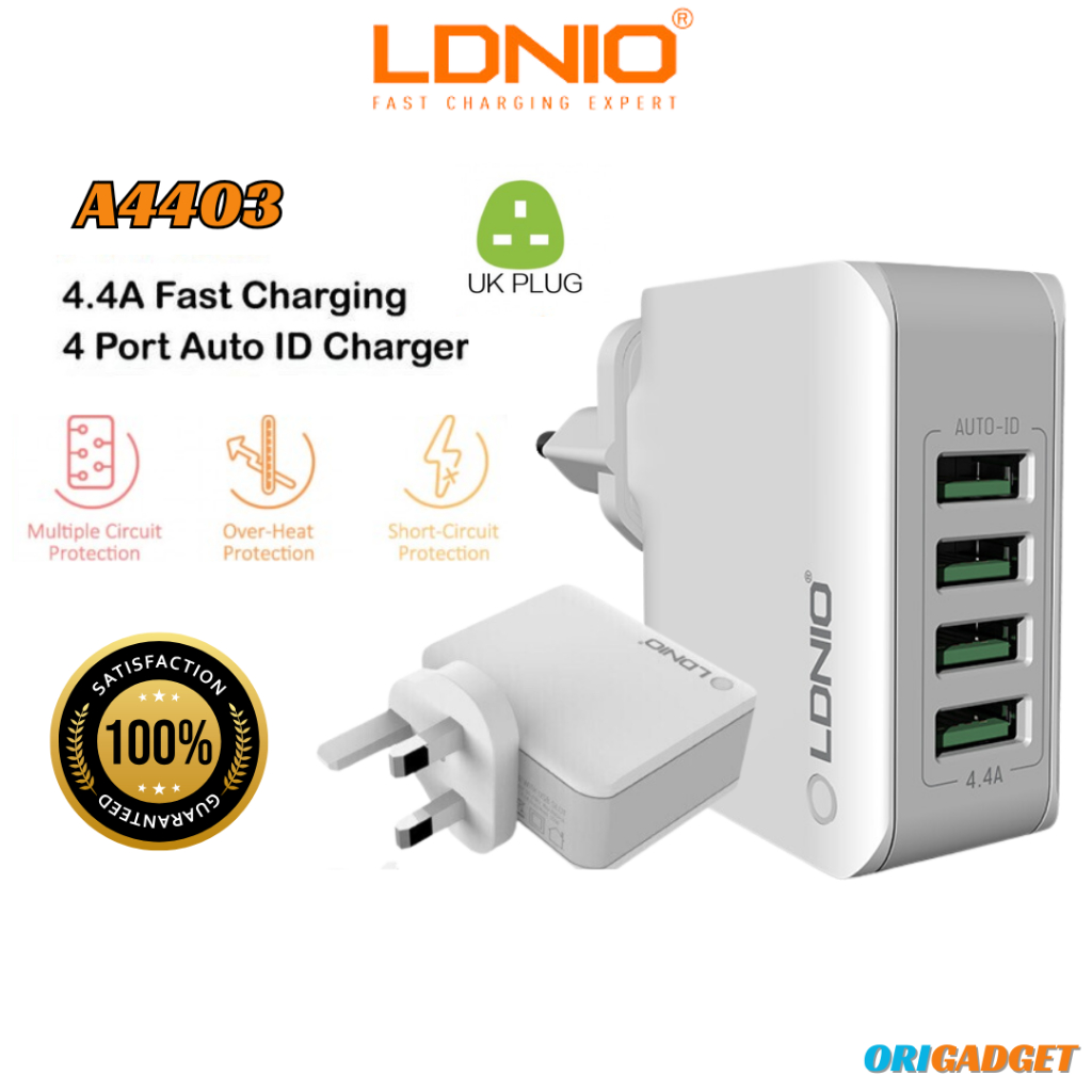 LDNIO A4403 (4.4A) 4 USB Output Port Auto-ID USB Charger Adapter I Fast Charging Speed Dual ...