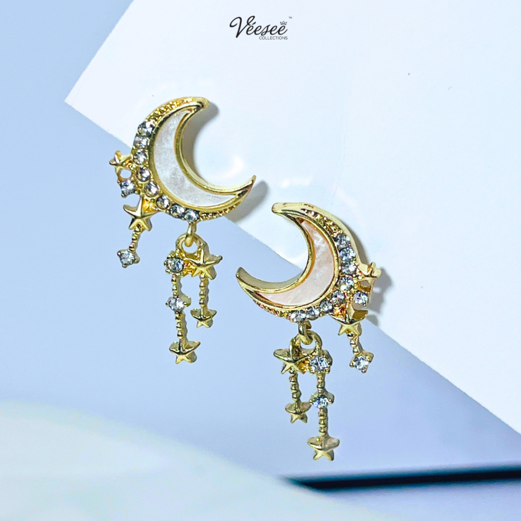 Veesee Elegant Fancy Korean Gold Moon With Stars Fall S925 Stud ...