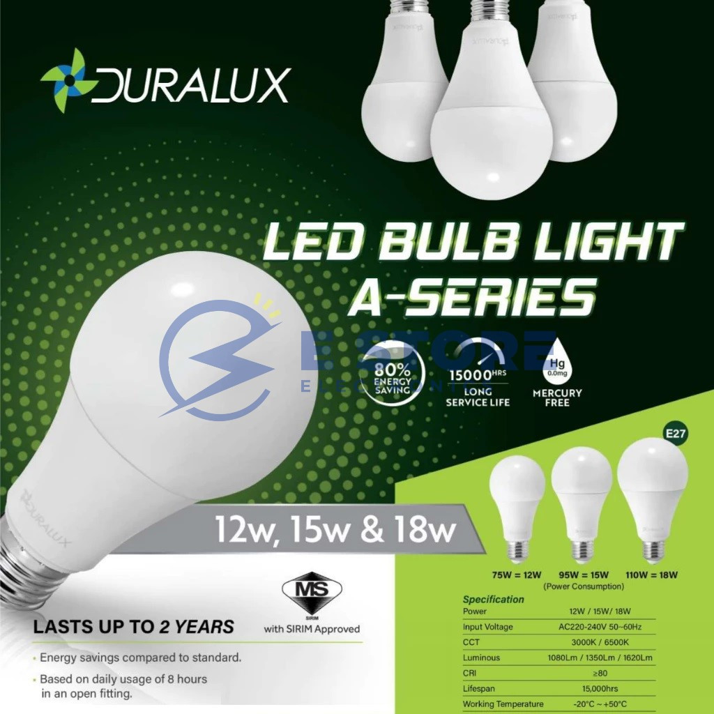 (Sirim) DURALUX 12W/15W/18W LED A Series Bulb E27 6500K Daylight ...