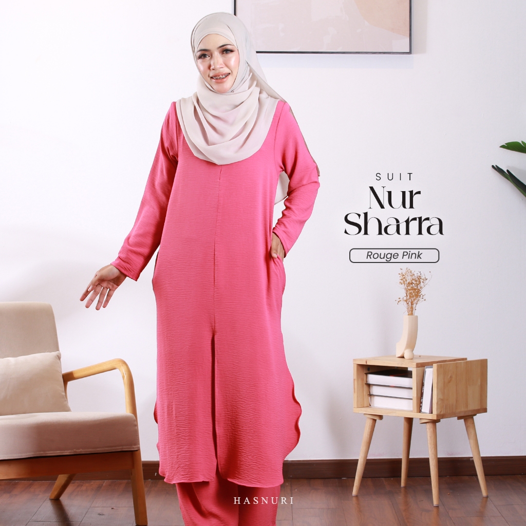 HASNURI Suit Nur Sharra | Set Baju Seluar Labuh Muslimah Ironless ...