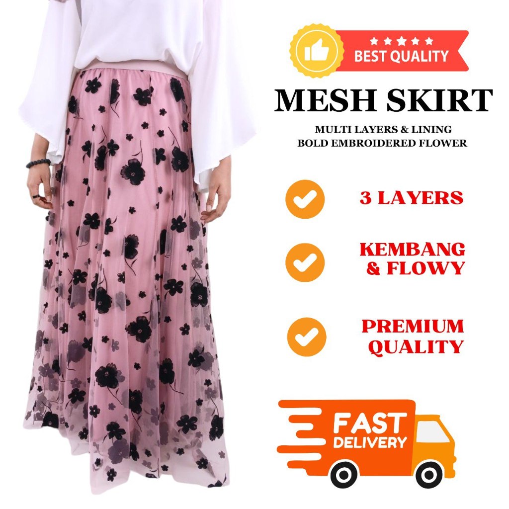 TRISSA : MESH SKIRT 3 LAYERS FULL LINING WITH BOLD EMBROIDERED FLOWER ...