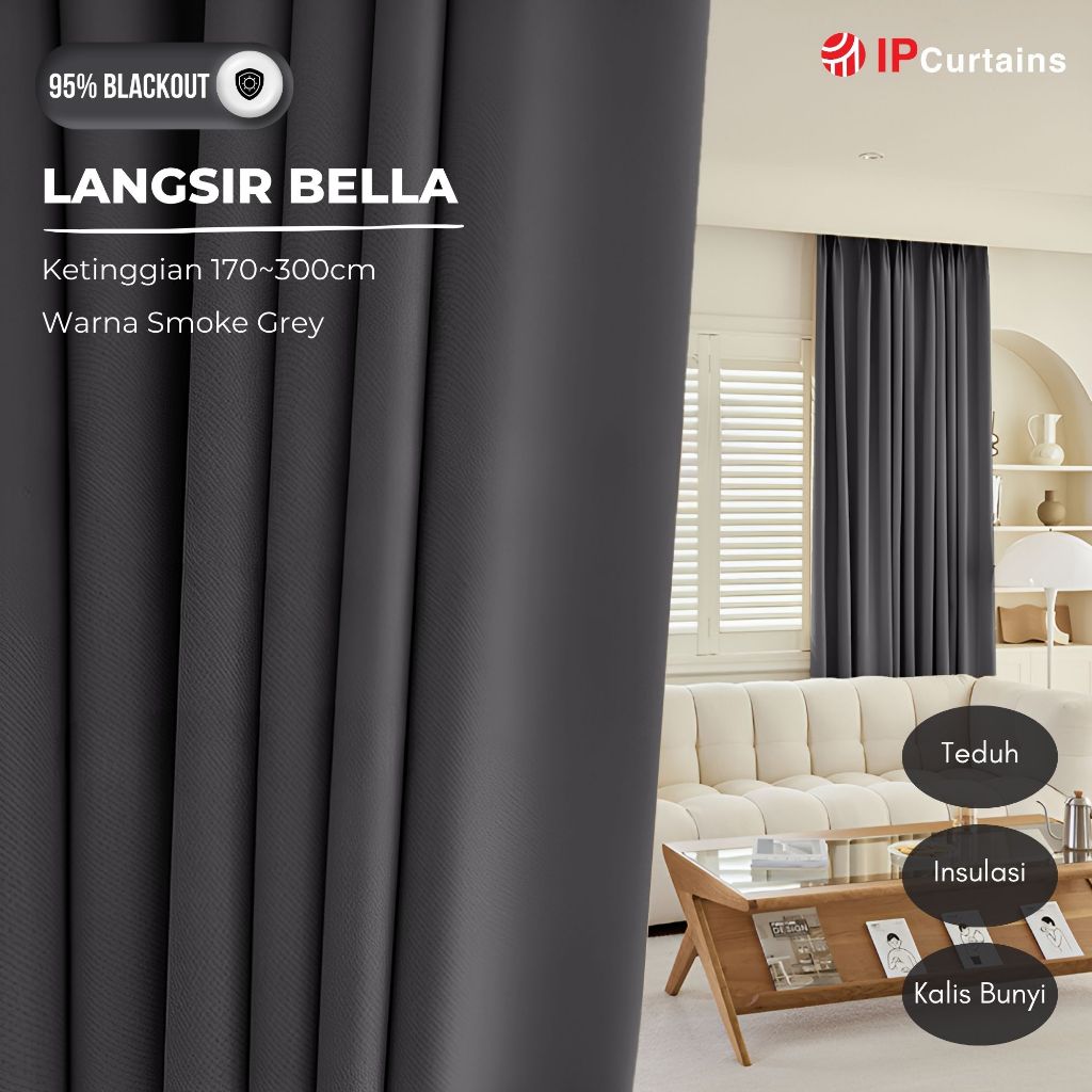IP CURTAIN BELLA Curtain 95% Blackout Matte Warna Smoke Grey UV Protect ...