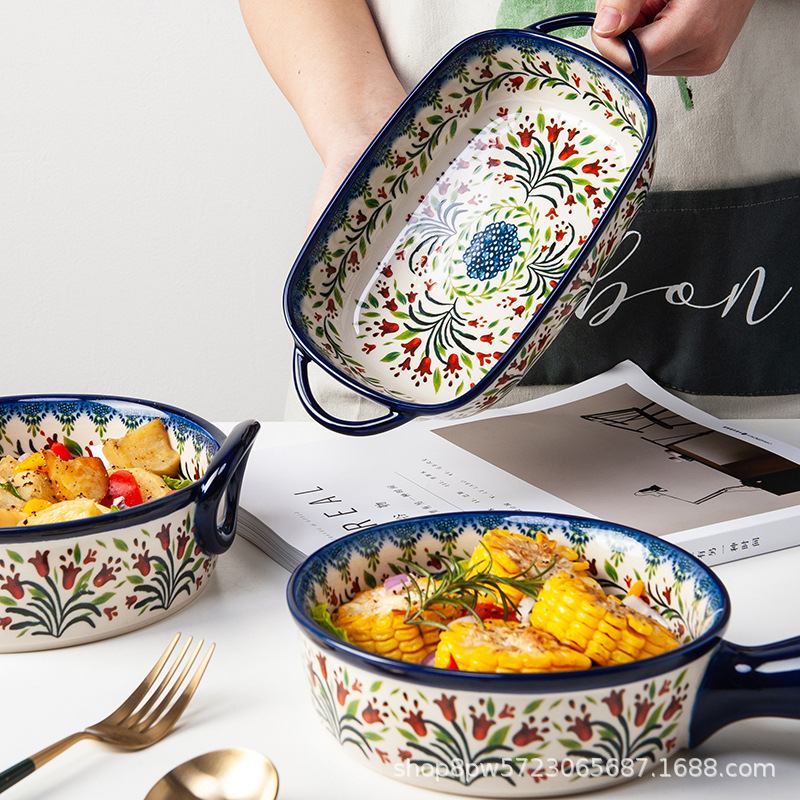 Double-Ear Bowl Soup Bowl Household Ceramic Creative Retro Tableware ...