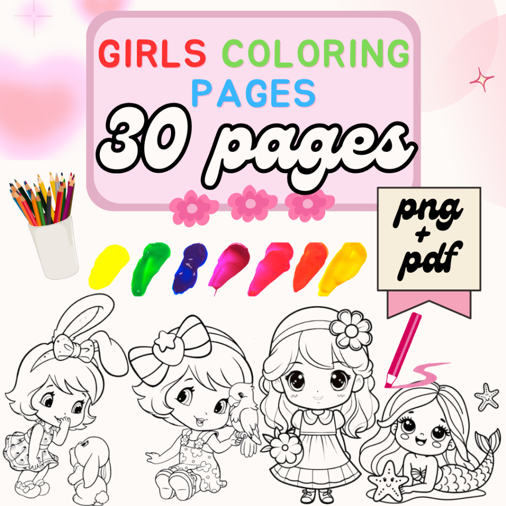 30 Pages Digital Coloring Book for the Girls | Kids Coloring book ...