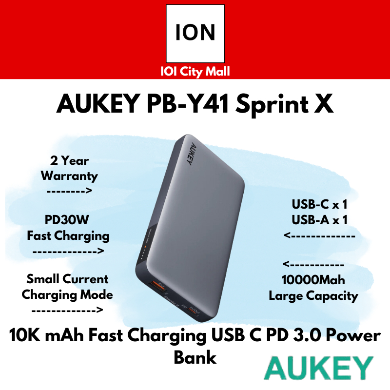 Aukey PB-Y41 Sprint X 30W PD 10K mAh Fast Charging USB C PD 3.0 Power ...