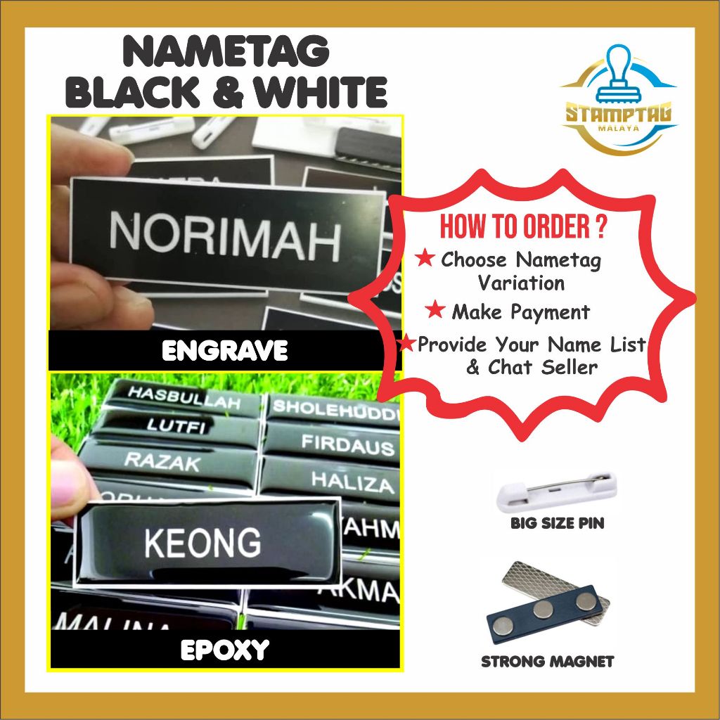 Name Tag Engrave (Siap 24jam) / Epoxy (Siap 48jam) Pin/Magnet ...