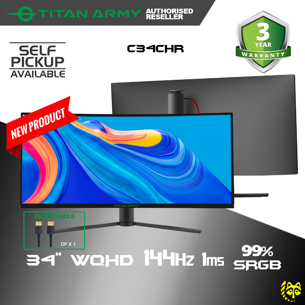 TITAN ARMY 34” Curved 2K WQHD 144Hz 1ms 99%sRGB HDR400 Adaptive Sync ...