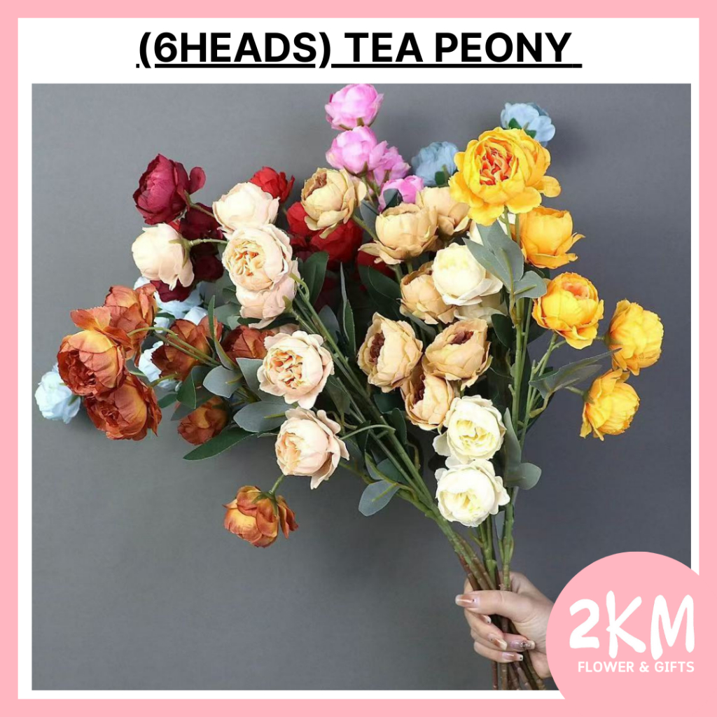 (6HEADS) TEA PEONY FLOWER Artificial Fake Plant Bouquet Plastic Wedding ...