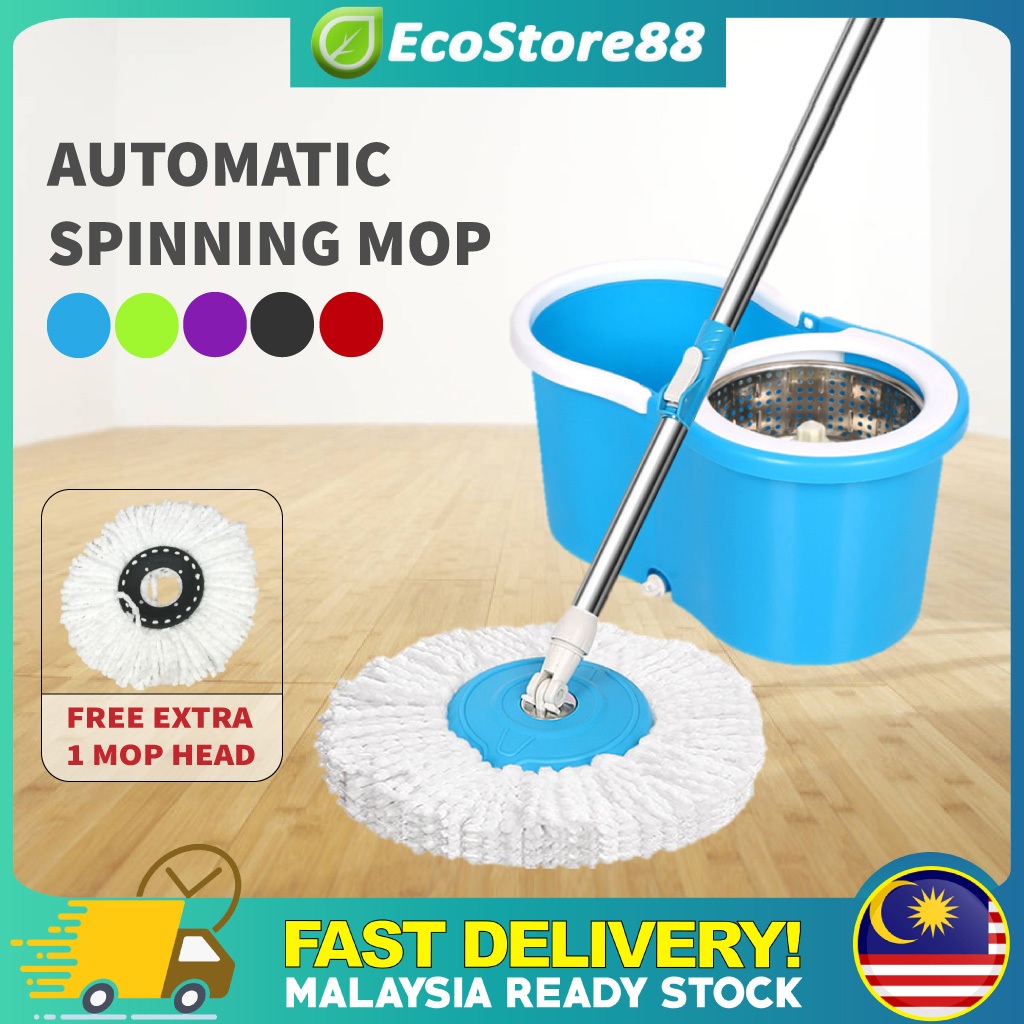 Rotating Spin Mop With Spinner Stainless Steel Bucket Auto Spin Mop Lantai Microfiber Cleaning ...