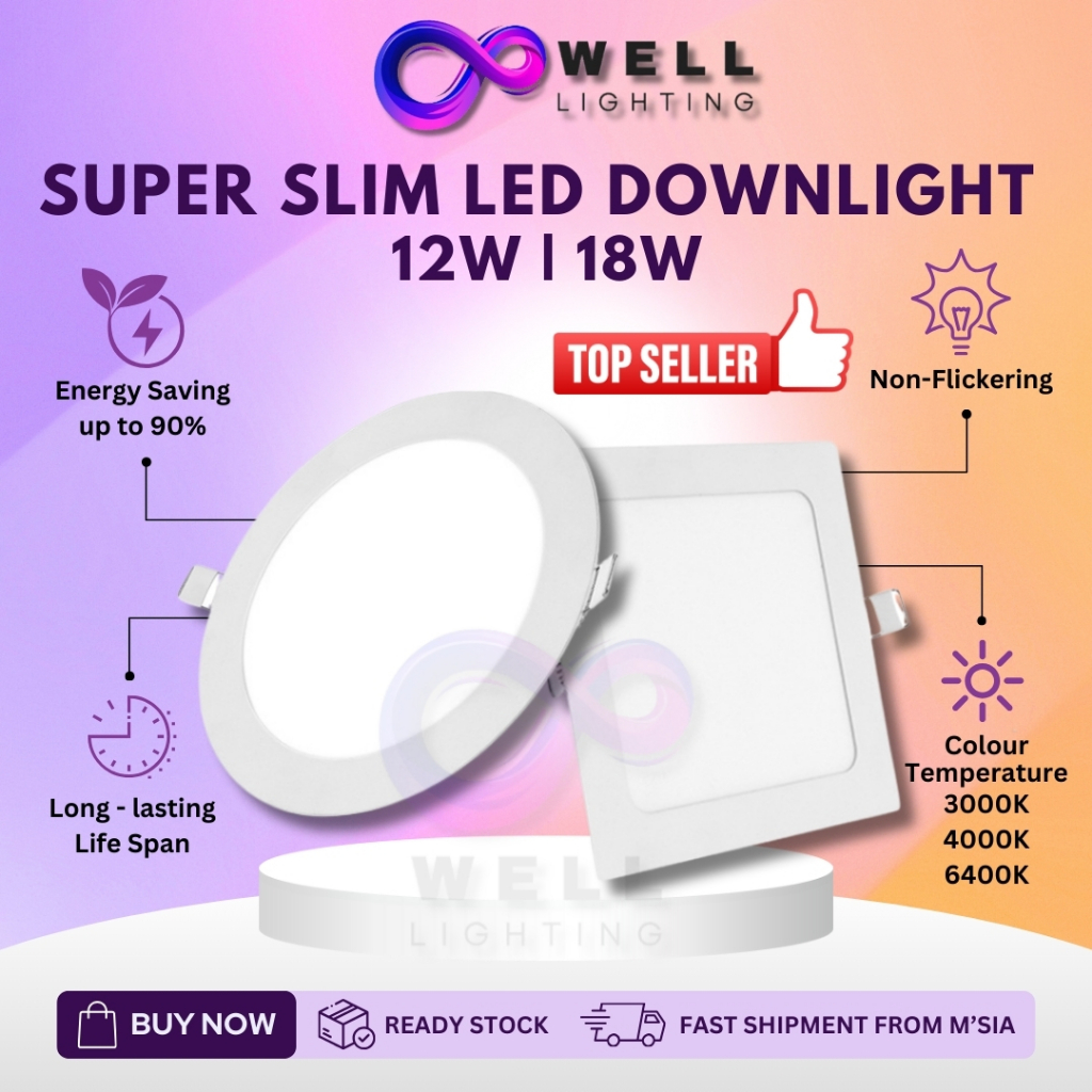 LED Super Slim Recessed Downlight 12W 18W Lampu Siling Rumah Round ...