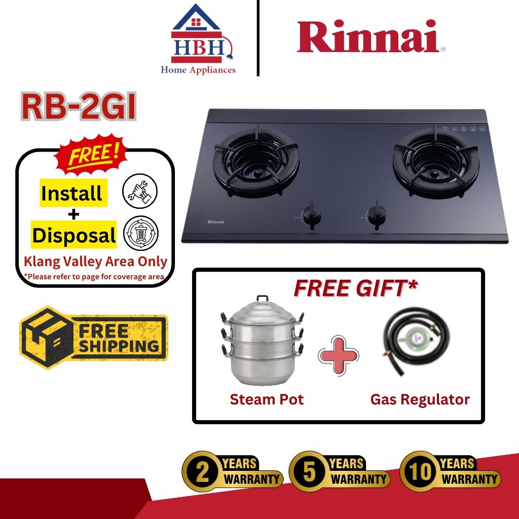 (FREE INSTALL) Rinnai RB-2GI | 2-Inner Burner Built-in Gas Hob (Glass) | 3.5kW Gas Input ...