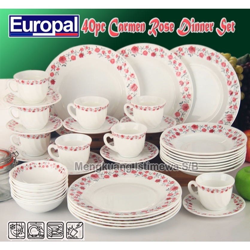 40pc 8 PAX Opal glass Europal Firex CARMEN Rose Dinner set SE40162 ...