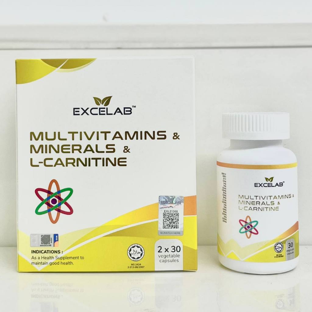 [HALAL & KKM APPROVED] Excelab Multivitamins & Minerals & L-Carnitine 2 x 30 Vegetable Capsules ...