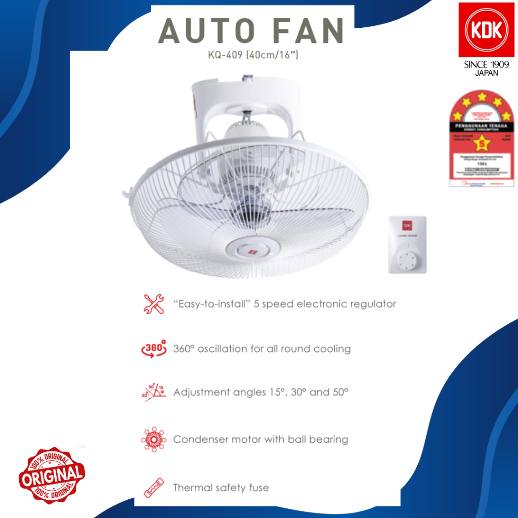 KDK Auto Fan Kq409 - Regulator, 360° Oscillation, White (16″ - Fan ...