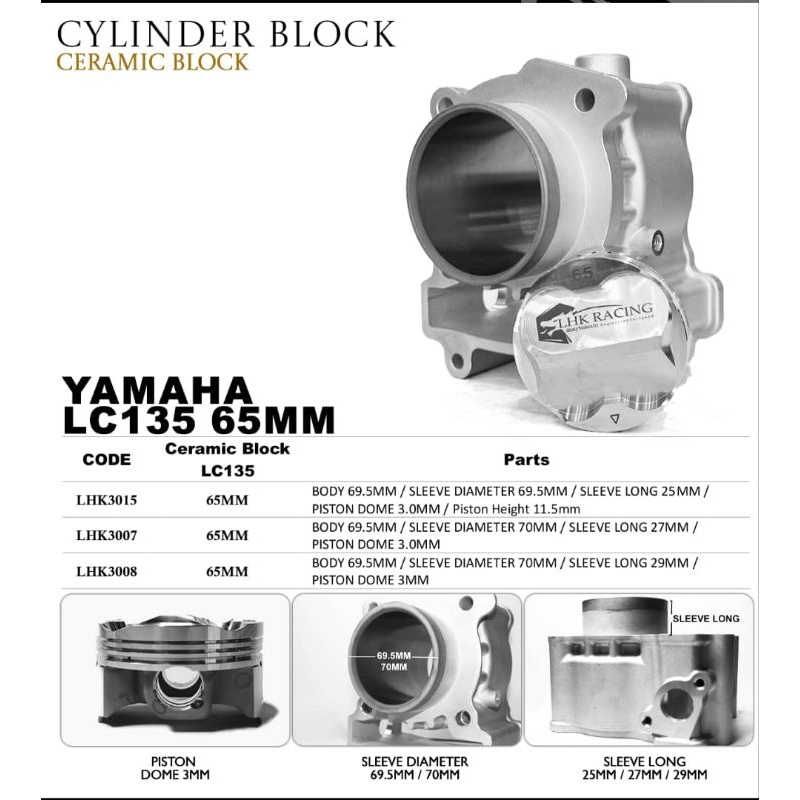 (LHK RACING) YAMAHA LC135 RACING CERAMIC BLOCK SET (65MM) (65MM +2mm ...