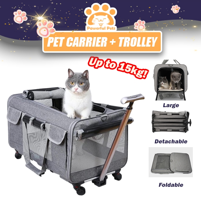 PAWERFUL [Pet Carrier With Trolley] Foldable & Detachable Pet Travel ...