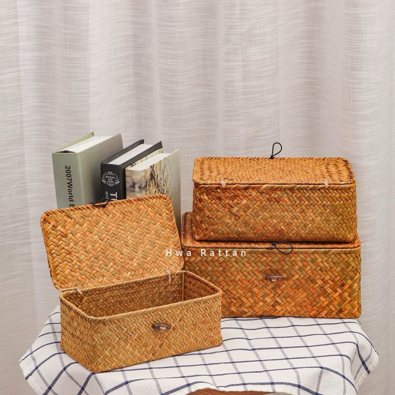 Mengkuang woven storage box cover cutlery basket sedge grass organiser ...