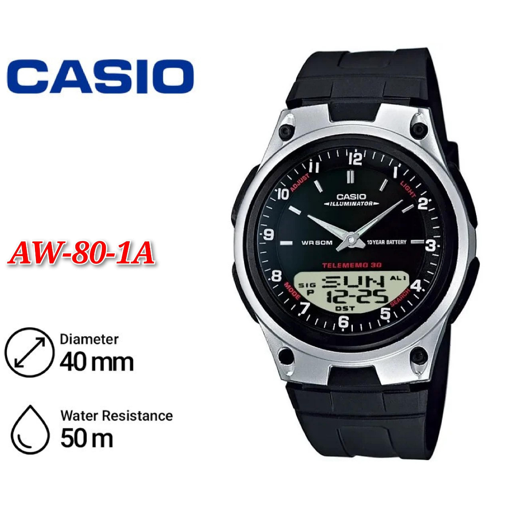 Casio AW-80 Men Analog Digital WORLD TIME Silver Case Black Resin Strap ...