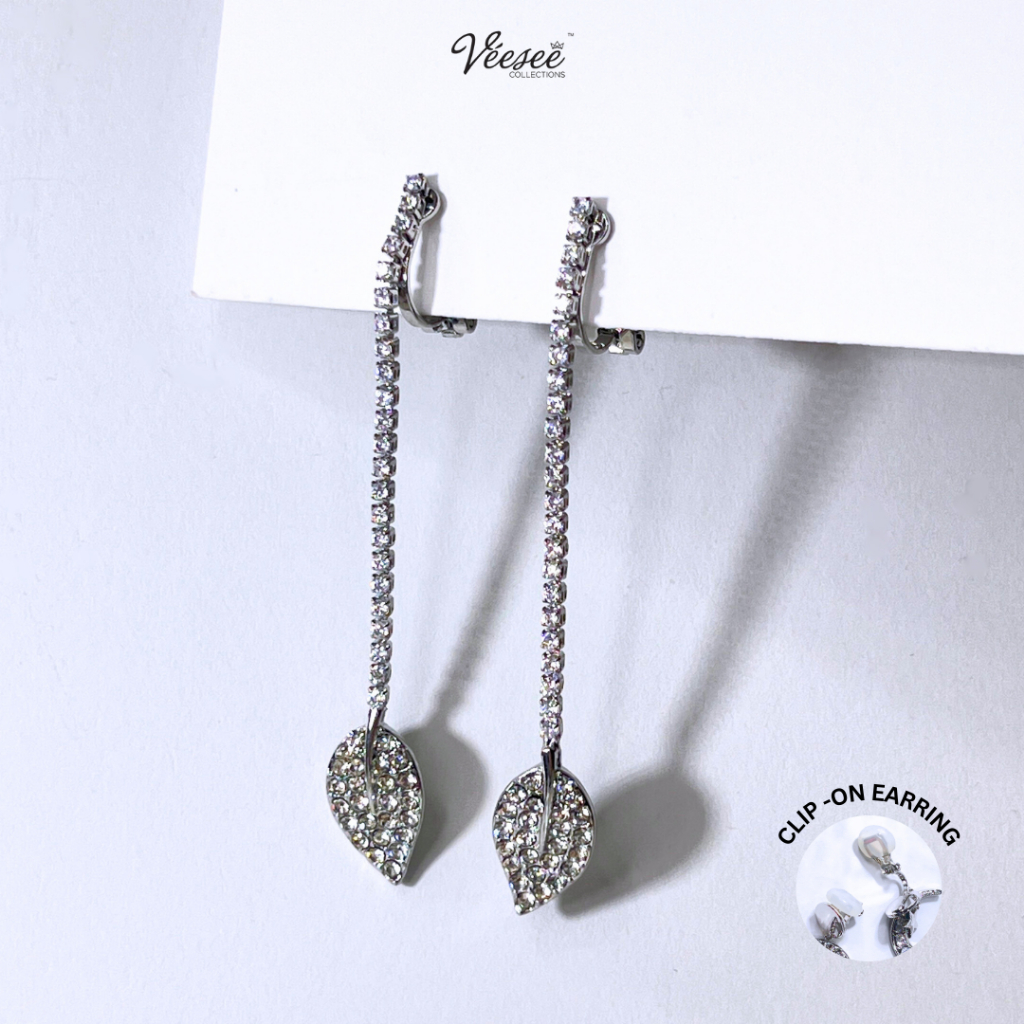 Veesee S925 Clip-On Earring Elegant Korean Silver Leaf With Rhinestones ...