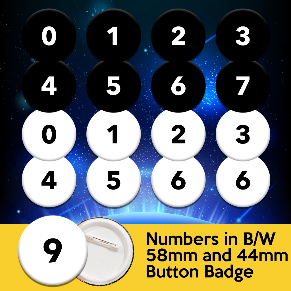 Number in Black and White Designs 58mm 44mm Button Badge with Safety ...