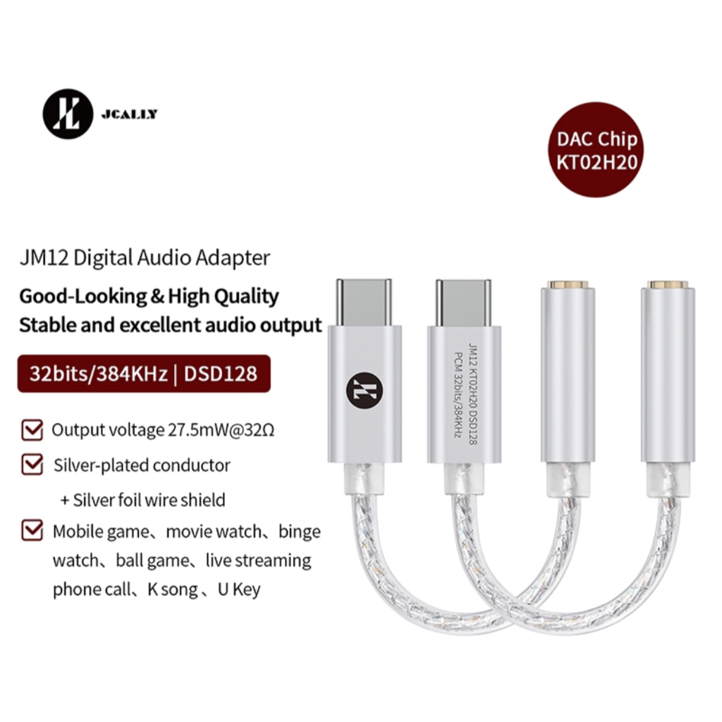 JCALLY JM12 Type C to 3.5mm DAC Chip KT02H20 32bits/384KH DSD128 ...