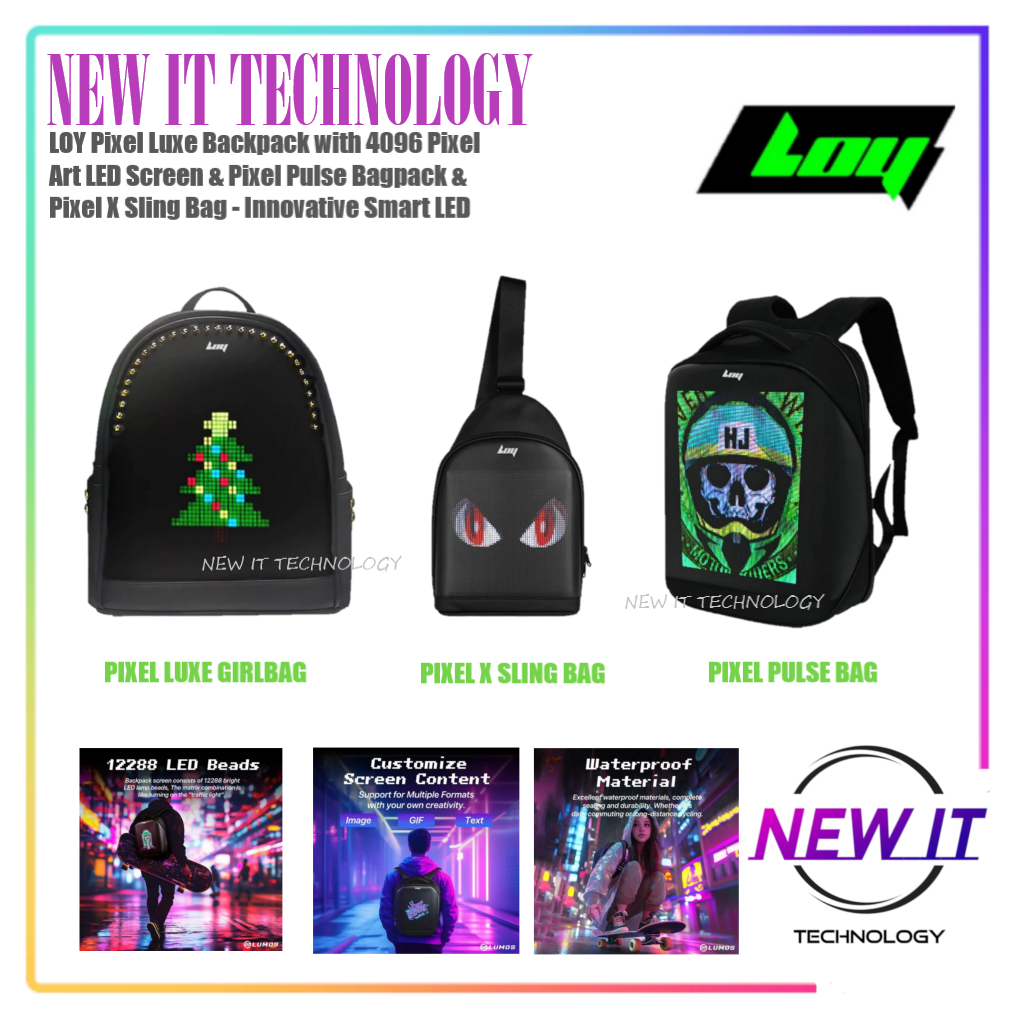 LOY Pixel Luxe Backpack with 4096 Pixel Art LED Screen & Pixel Pulse ...