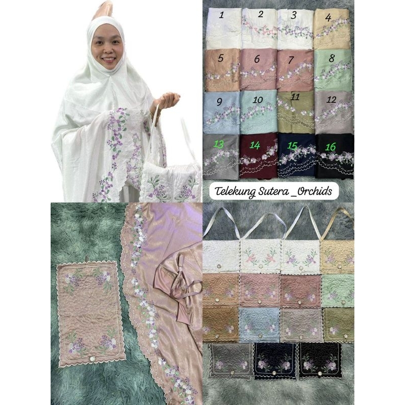Telekung sulam Orchid material satin @ jacqual silk siap beg dan ...