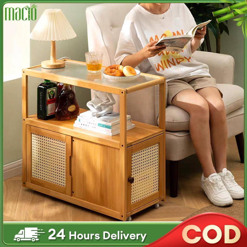 Bambo Made Movable Side Table With Rattan Door Storage Cabinet Bedroom Bedside Table Meja Sisi ...