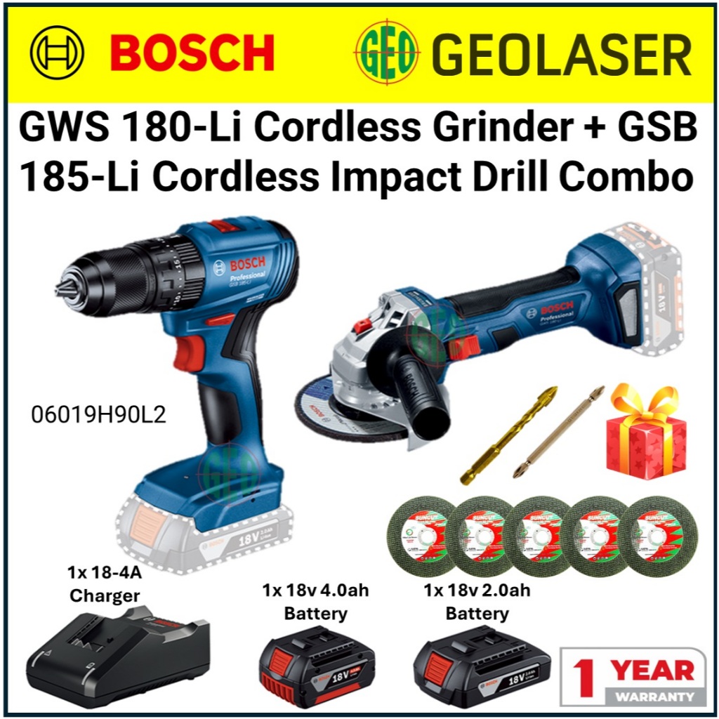 Bosch 18V Cordless Combo GWS 180-Li Angle Grinder + GSB 185-Li Hammer ...